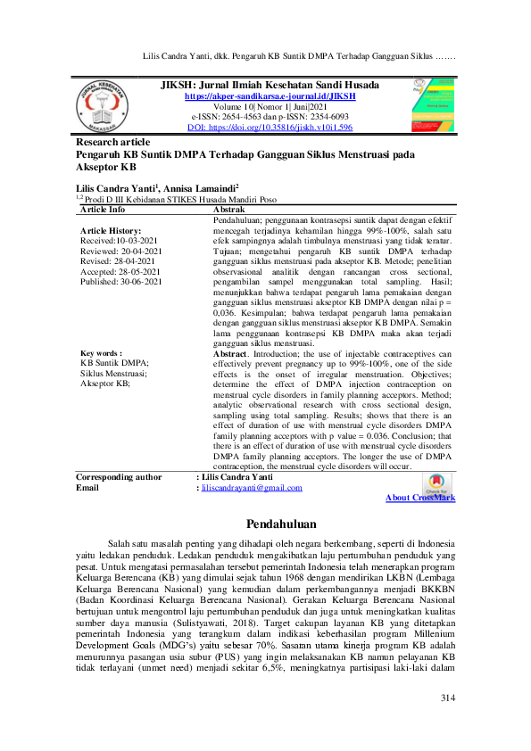 (PDF) Pengaruh Pengaruh KB Suntik DMPA Terhadap Gangguan Siklus Menstruasi pada Akseptor KB