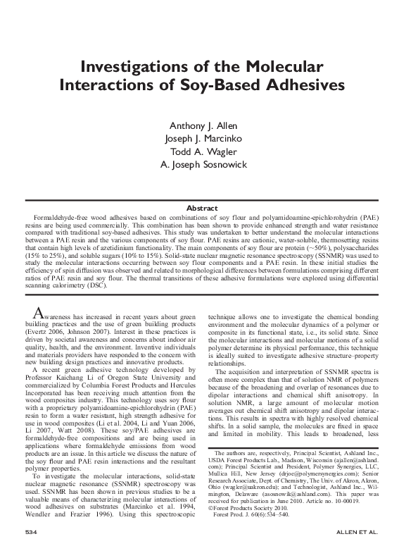 (PDF) Investigations of the Molecular Interactions of Soy-Based Adhesives