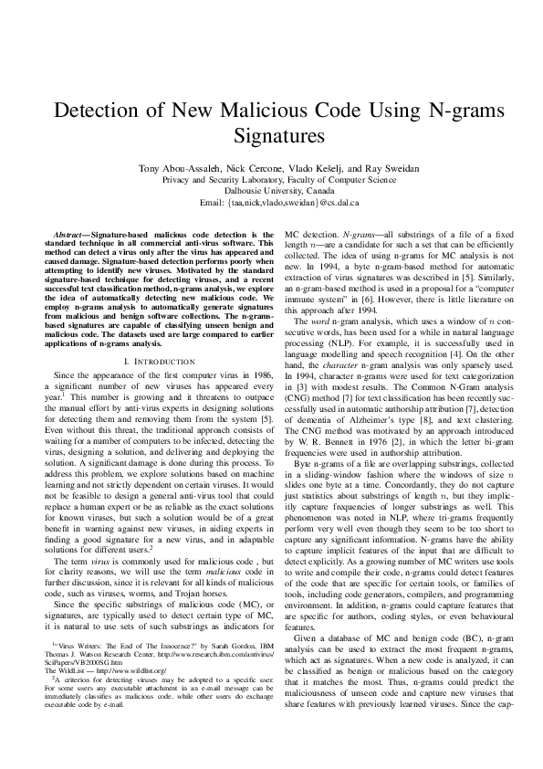 (PDF) Detection of new malicious code using n-grams signatures