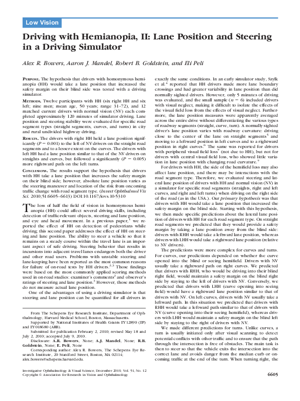 (PDF) Driving with Hemianopia, II: Lane Position and Steering in a ...