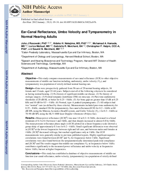 (PDF) Ear-Canal Reflectance, Umbo Velocity, and Tympanometry in Normal ...