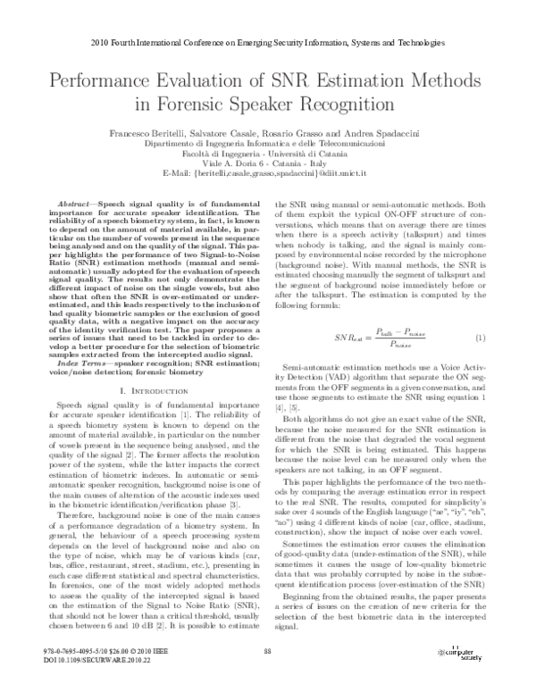 Pdf Performance Evaluation Of Snr Estimation Methods In Forensic Speaker Recognition