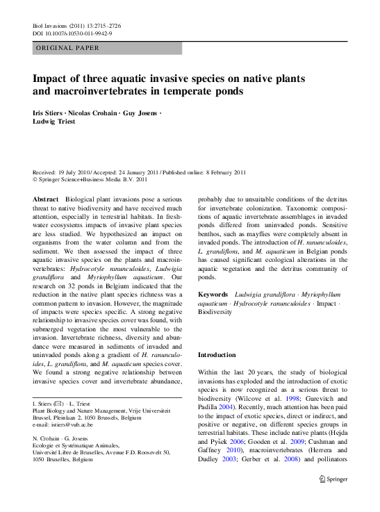 (PDF) Impact of three aquatic invasive species on native plants and ...