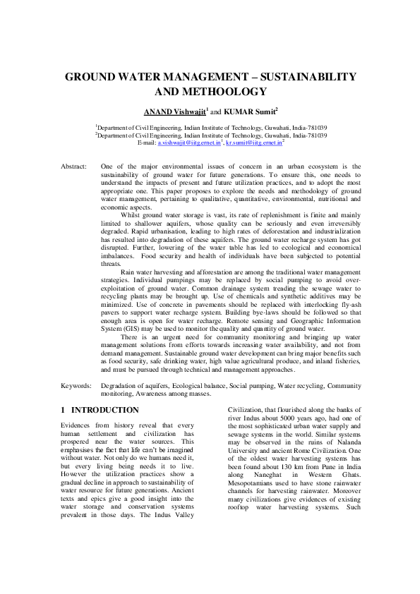 (PDF) Ground Water Management—Sustainability and Methodology