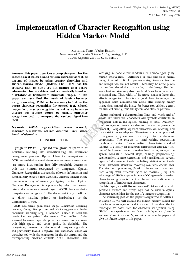 (PDF) Implementation of Character Recognition using Hidden Markov Model