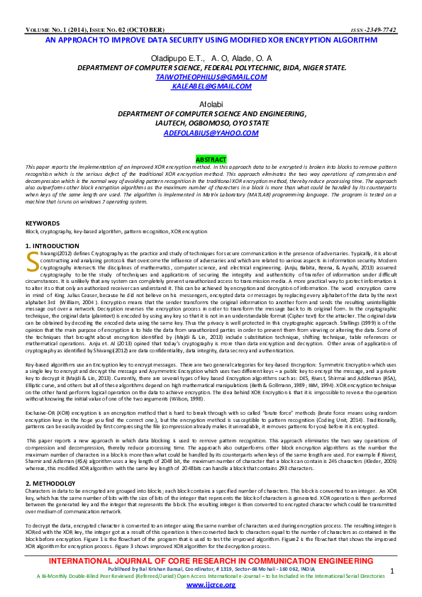Pdf An Approach To Improve Data Security Using Modified Xor Encryption Algorithm Adeolu