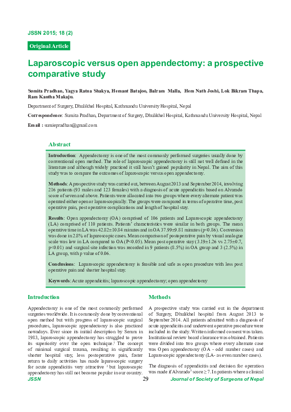 (PDF) Laparoscopic versus open appendectomy: a prospective comparative study | Yagya Ratna ...