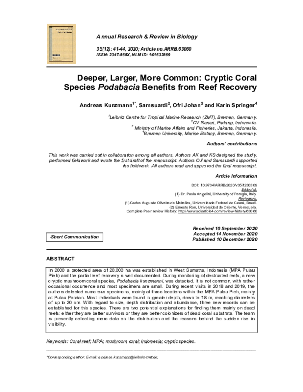 (PDF) Deeper, Larger, More Common: Cryptic Coral Species Podabacia ...