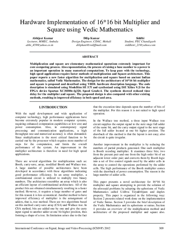 (PDF) Hardware Implementation of 16* 16 bit Multiplier and Square using Vedic Mathematics