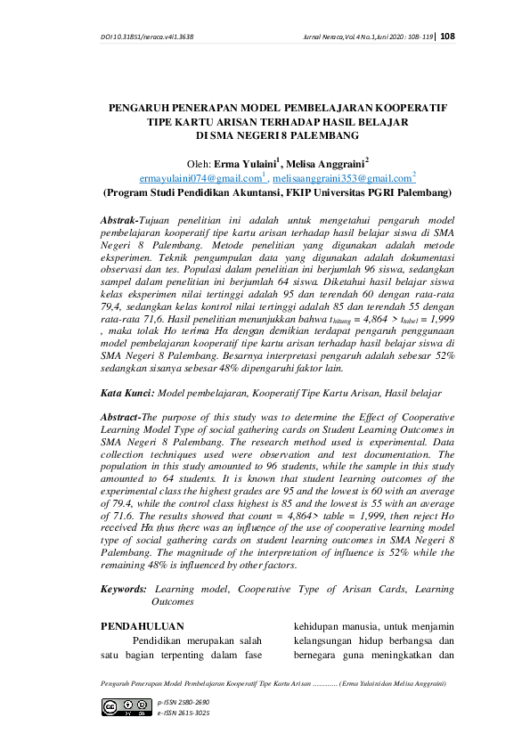 (PDF) Pengaruh Penerapan Model Pembelajaran Kooperatif Tipe Kartu Arisan Terhadap Hasil Belajar ...