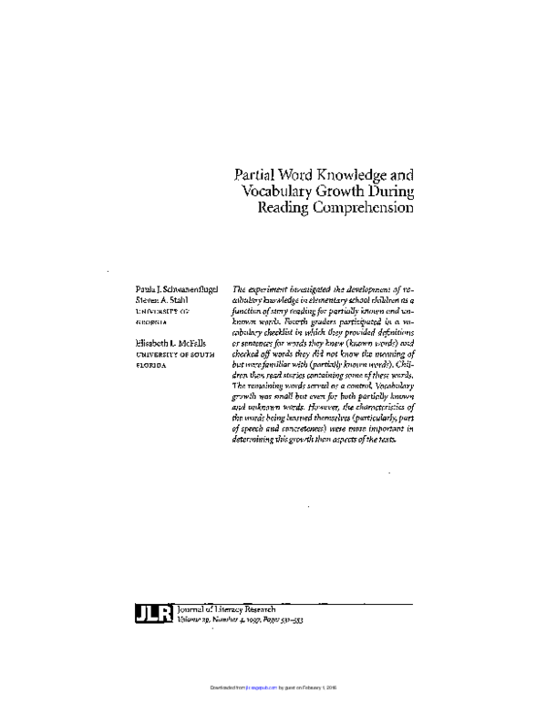 (PDF) Partial word knowledge and vocabulary growth during reading ...