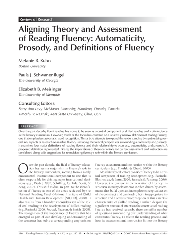 (PDF) Aligning Theory and Assessment of Reading Fluency: Automaticity ...