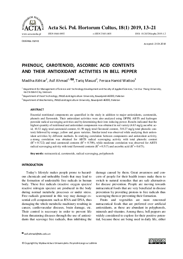 (PDF) Phenolic, Carotenoid, Ascorbic Acid Contents and Their Antioxidant Activities in Bell Pepper