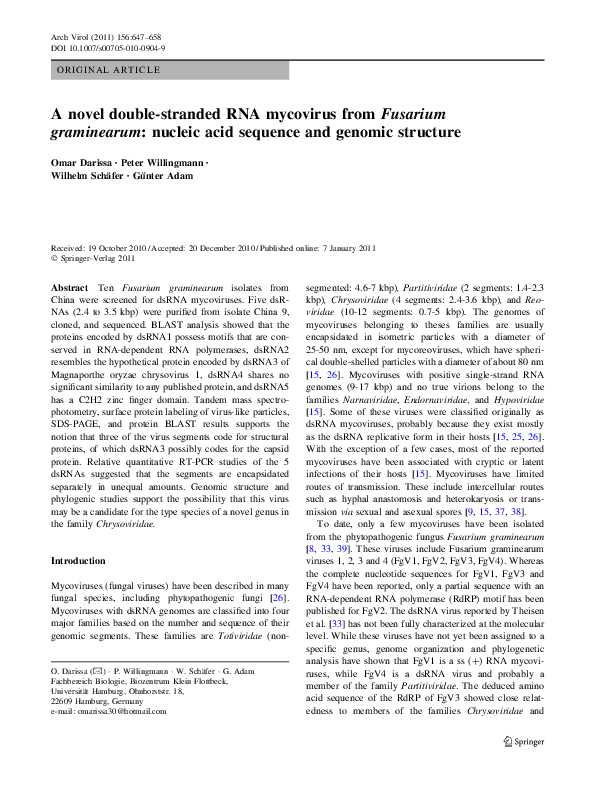 (PDF) A novel double-stranded RNA mycovirus from Fusarium graminearum ...