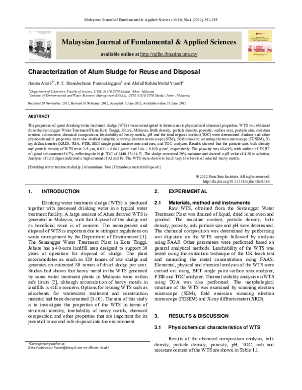 (PDF) Characterization of Alum Sludge for Reuse and Disposal