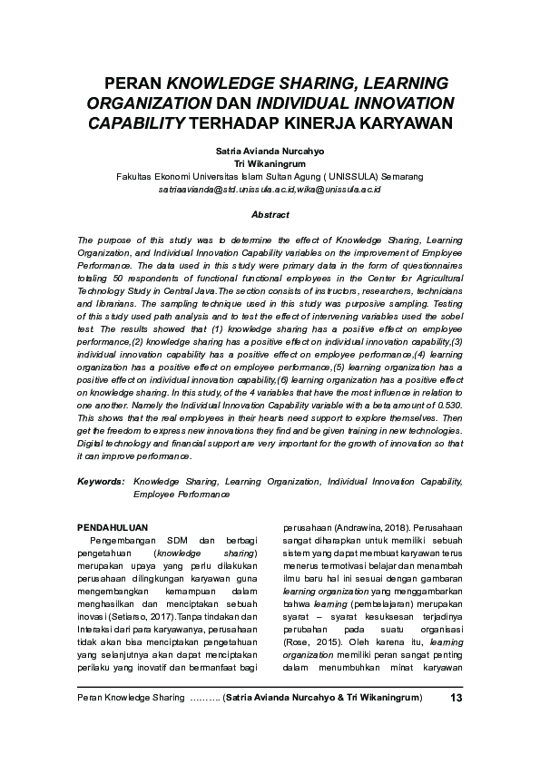 (PDF) Peran Knowledge Sharing, Learning Organization Dan Kapabilitas Inovasi Individual Terhadap ...