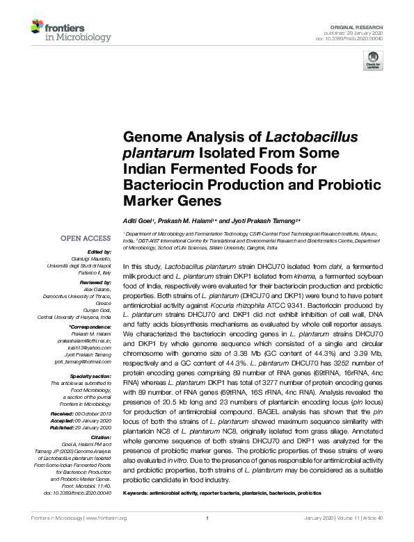 (PDF) Genome Analysis of Lactobacillus plantarum Isolated From Some Indian Fermented Foods for ...