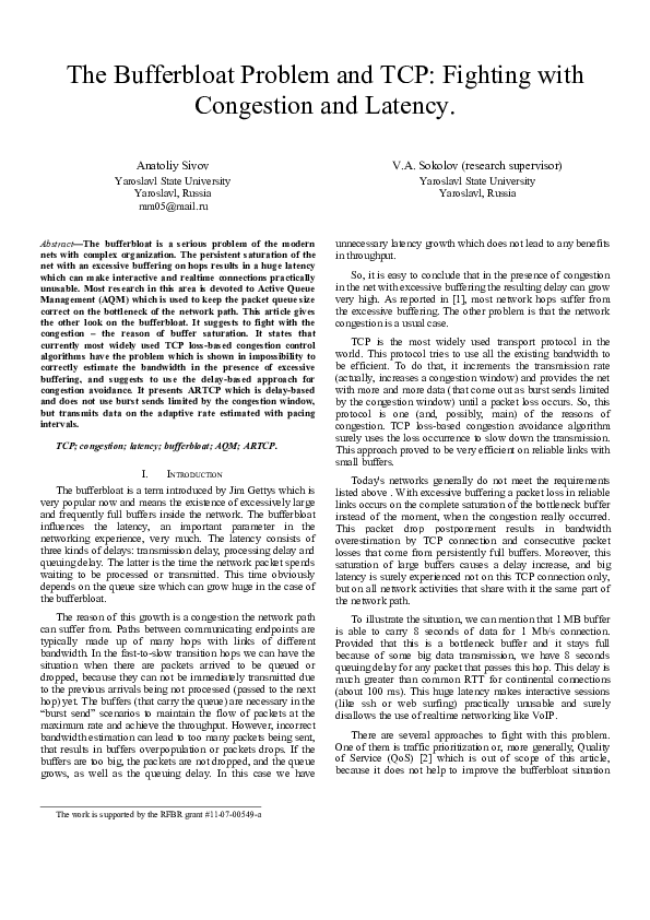 (PDF) The Bufferbloat Problem and TCP: Fighting with Congestion and Latency