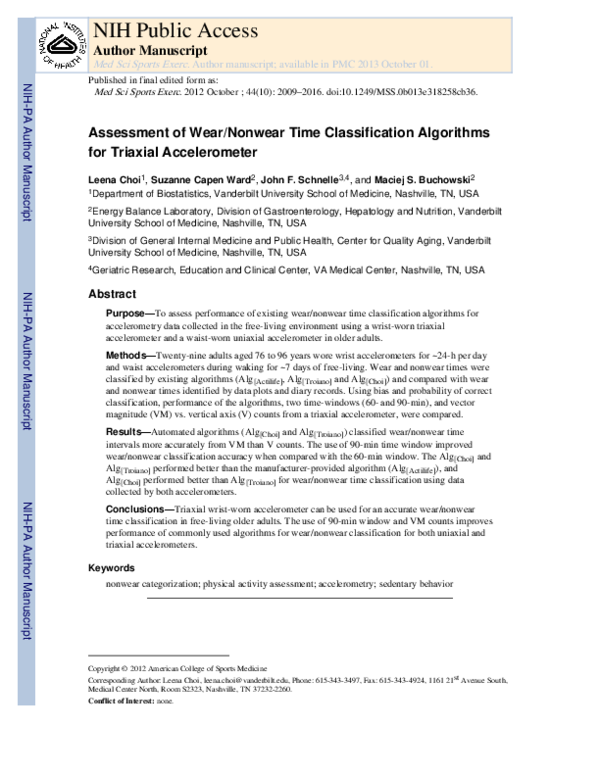 (PDF) Assessment of Wear/Nonwear Time Classification Algorithms for Triaxial Accelerometer ...