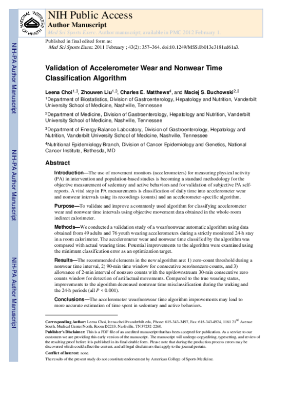 Pdf Validation Of Accelerometer Wear And Nonwear Time Classification Algorithm
