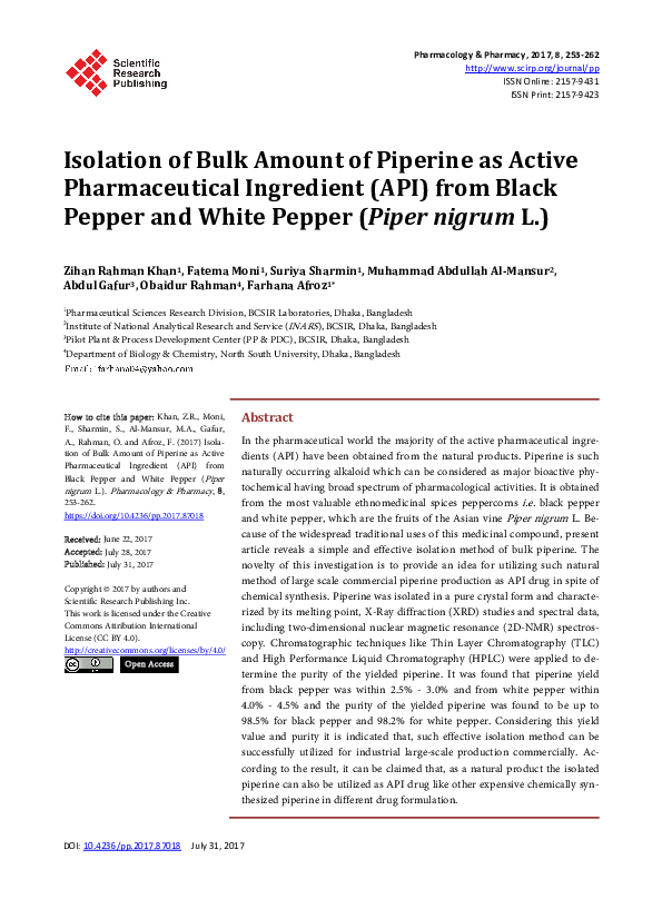 (PDF) Isolation of Bulk Amount of Piperine as Active Pharmaceutical ...
