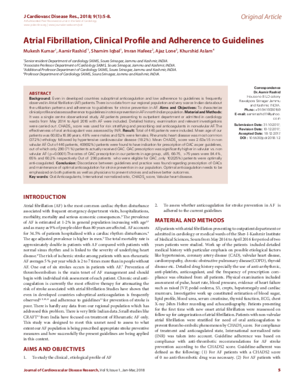 (PDF) Atrial Fibrillation, Clinical Profile and Adherence to Guidelines