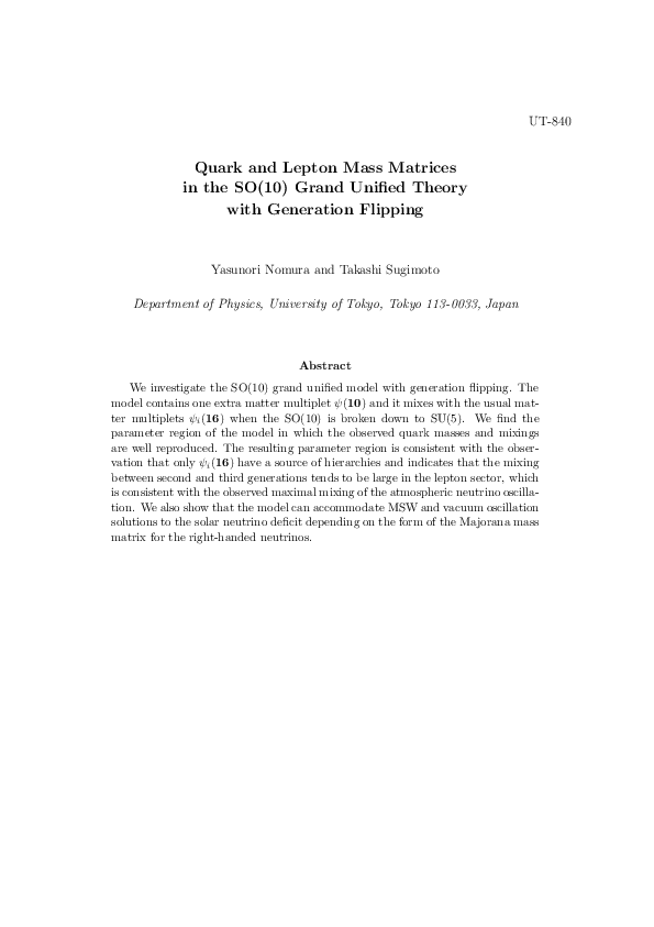 (PDF) Quark and lepton mass matrices in the SO(10) grand unified theory ...