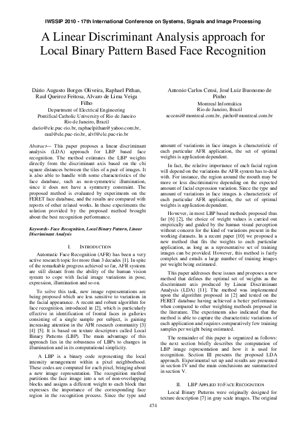 Pdf A Linear Discriminant Analysis Approach For Local Binary Pattern Based Face Recognition