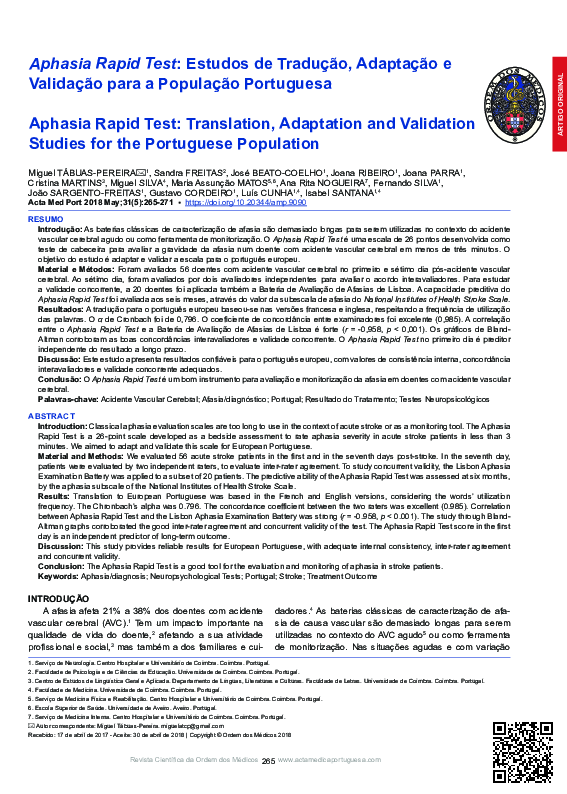 (PDF) [Aphasia Rapid Test: Translation, Adaptation and Validation ...