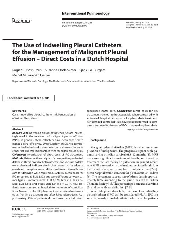 (PDF) The Use of Indwelling Pleural Catheters for the Management of Malignant Pleural Effusion ...