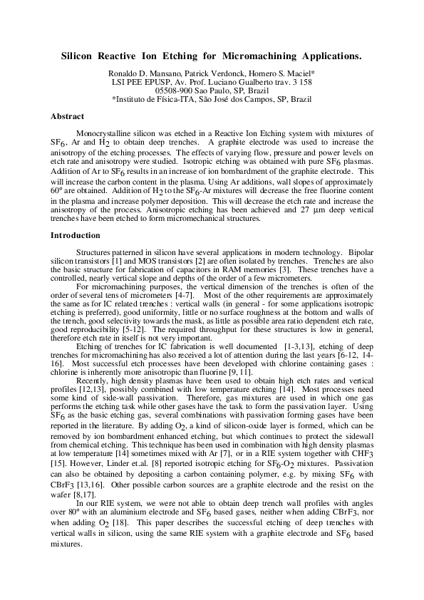 Pdf Silicon Reactive Ion Etching For Micromachining Applications