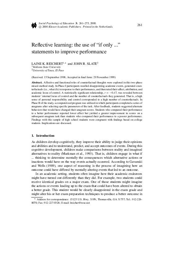 (PDF) Reflective learning: the use of “if only ...” statements to ...