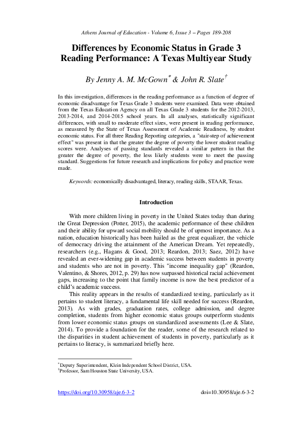 (PDF) Differences by Economic Status in Grade 3 Reading Performance: A ...