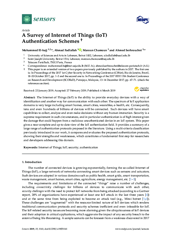 (PDF) A Survey of Internet of Things (IoT) Authentication Schemes