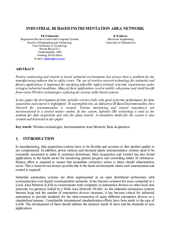 (PDF) INDUSTRIAL IR BASED INSTRUMENTATION AREA NETWORK