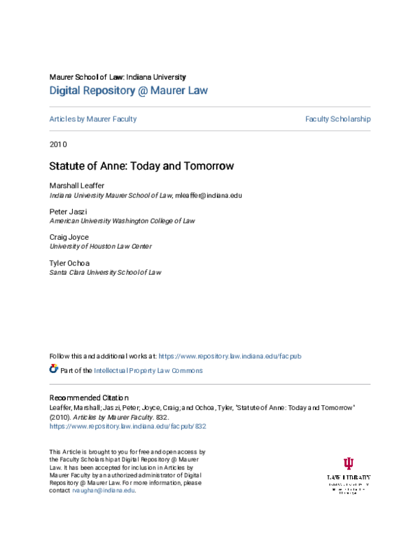 (PDF) Statute of Anne: Today and Tomorrow