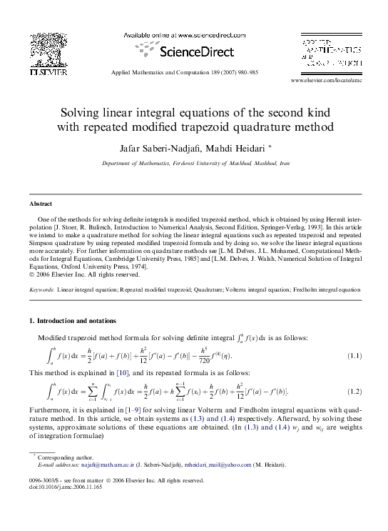 (PDF) Solving linear integral equations of the second kind with repeated modified trapezoid ...