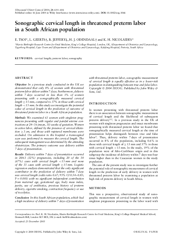 (PDF) Sonographic cervical length in threatened preterm labor in a ...