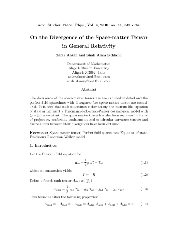 (PDF) On the Divergence of the Space-matter Tensor in General Relativity