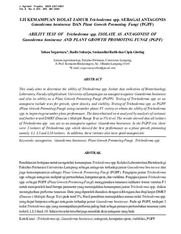 (PDF) UJI KEMAMPUAN ISOLAT JAMUR Trichoderma spp. SEBAGAI ANTAGONIS ...