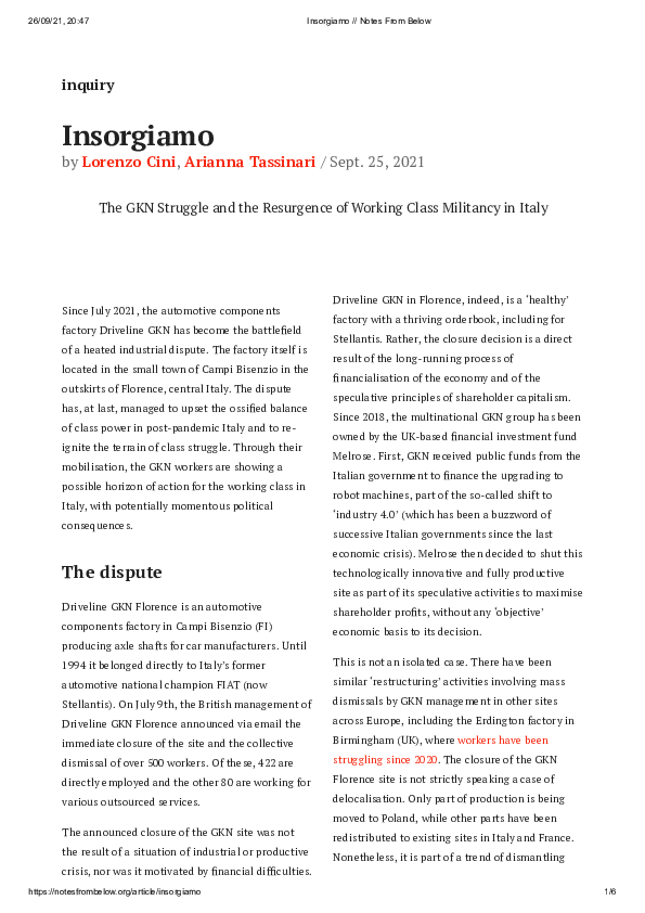 (PDF) Insorgiamo. The GKN Struggle and the Resurgence of Working Class ...