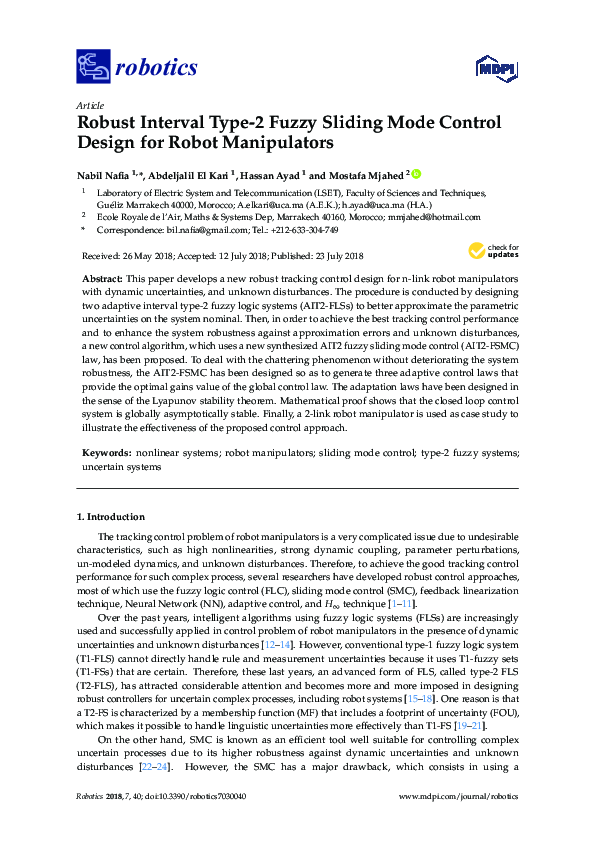 Pdf Robust Interval Type 2 Fuzzy Sliding Mode Control Design For Robot Manipulators Mostafa