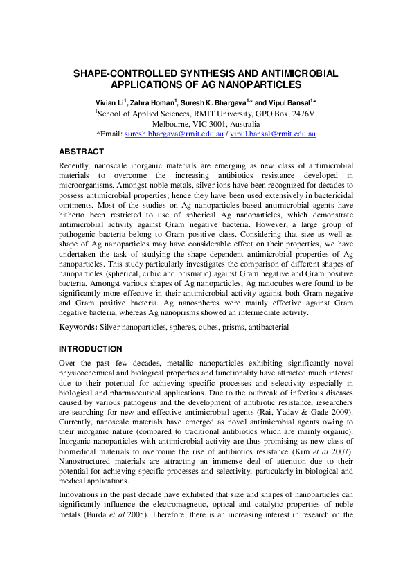 (PDF) Shape-controlled Synthesis and Antimicrobial Applications of Ag Nanoparticles