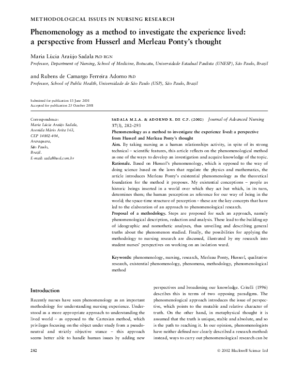 (PDF) Phenomenology as a method to investigate the experience lived: a ...