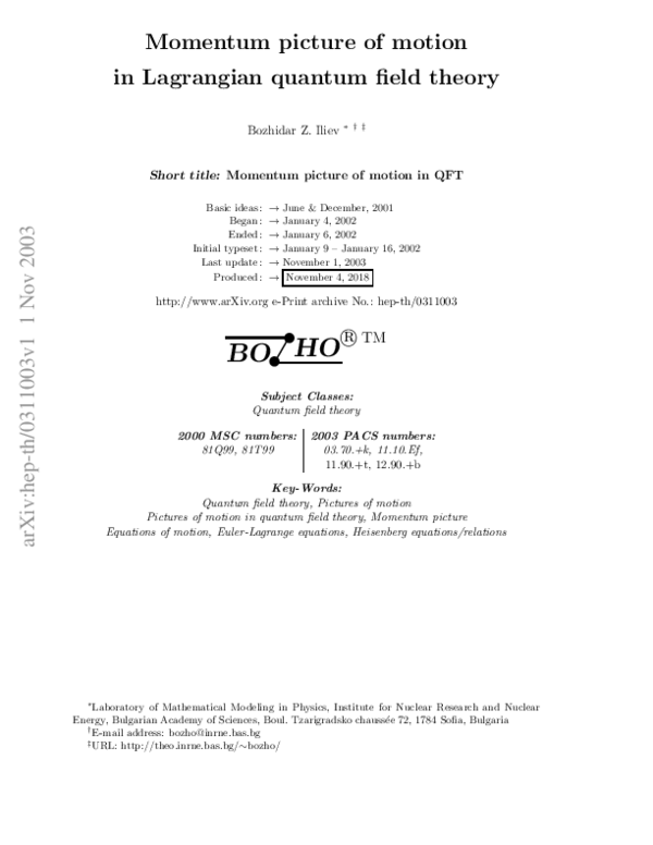 (PDF) Momentum picture of motion in Lagrangian quantum field theory