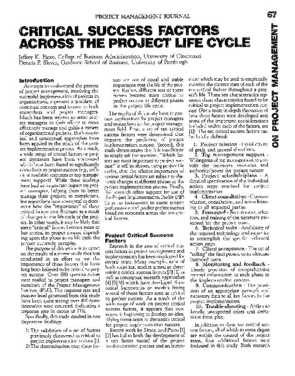(PDF) Critical success factors across the project life cycle