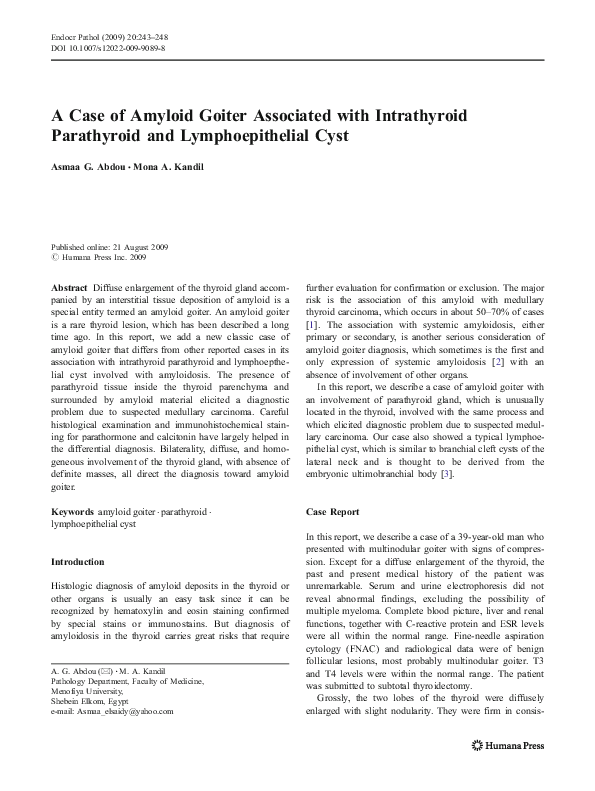 (PDF) A Case of Amyloid Goiter Associated with Intrathyroid Parathyroid ...