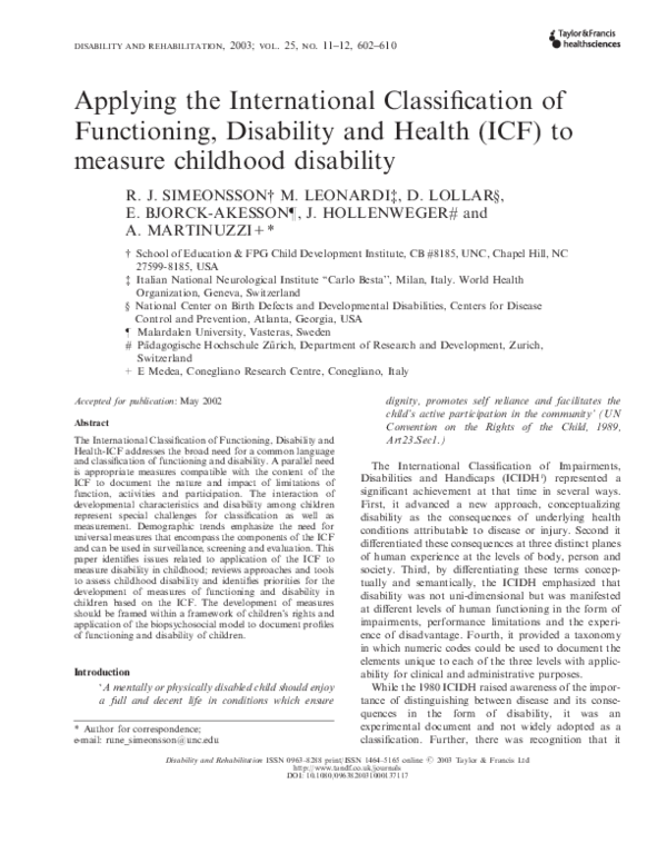 (PDF) Applying the International Classification of Functioning ...