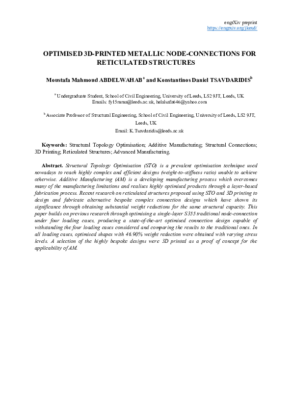 Pdf Optimised 3d Printed Metallic Node Connections For Reticulated