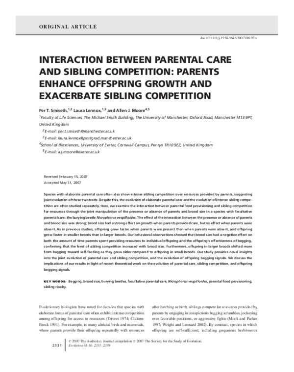 (PDF) Interaction Between Parental Care and Sibling Competition ...